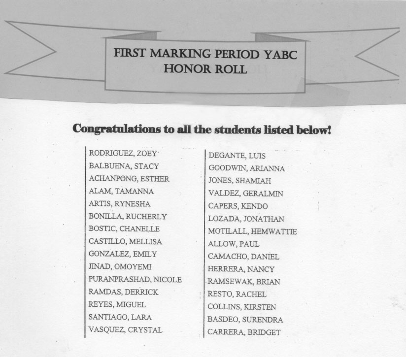 1st Marking Period Honor Roll! – YABC @ Lehman High School
